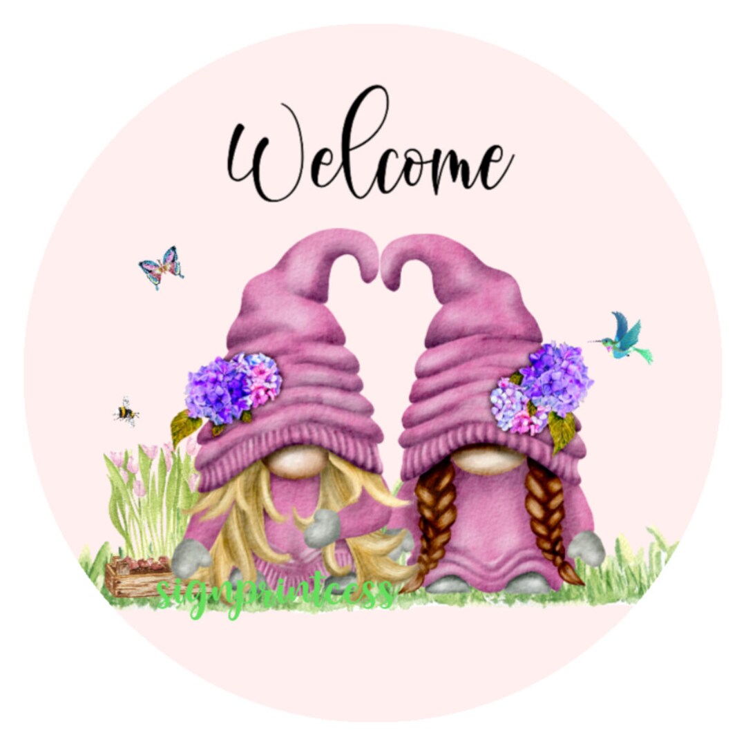 Gnome Welcome Sign, Metal Wreath Sign, Girl Gnome Sign, Two Girl Gnome ...
