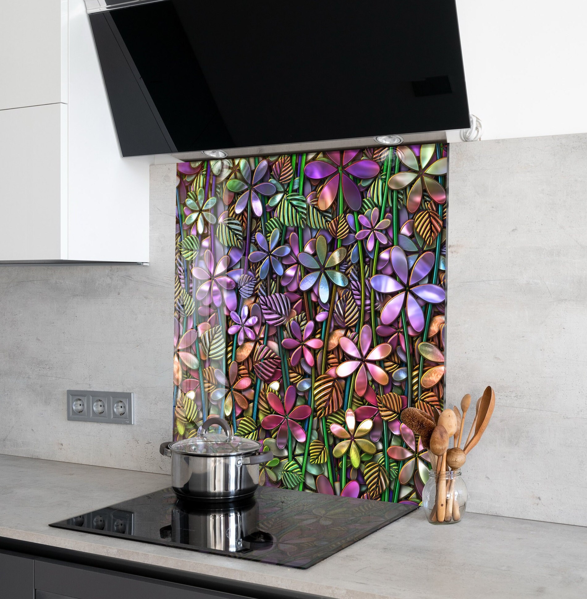 Tempered Glass Stained Flower Backsplash Design-cooker Wall - Etsy UK