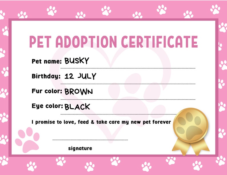 Pet Adoption Certificate - Etsy