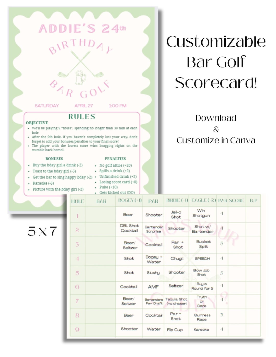 Customizable Bar Golf Scorecard – Printable Birthday & Bachelorette ...