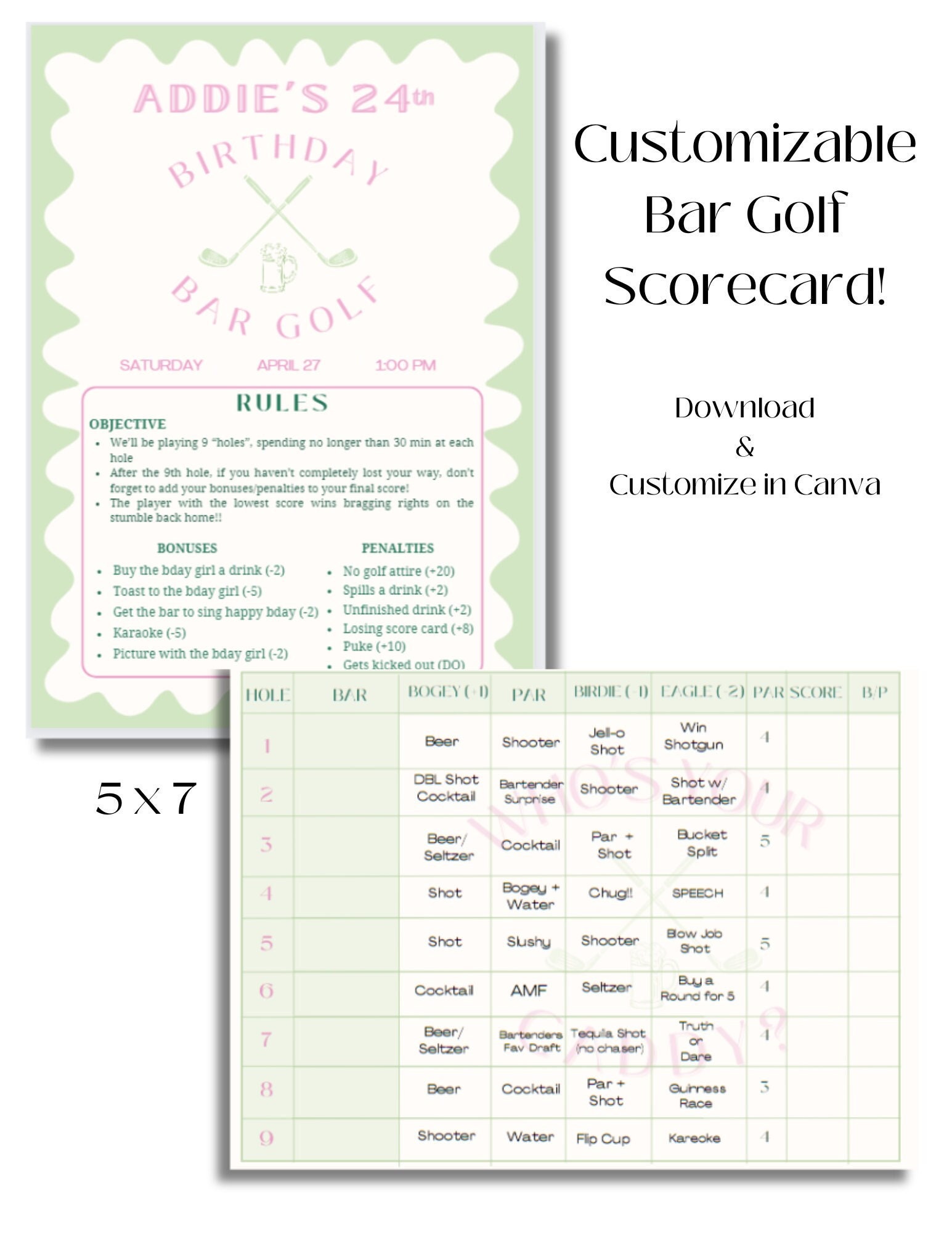 Customizable Bar Golf Scorecard – Printable Birthday & Bachelorette ...