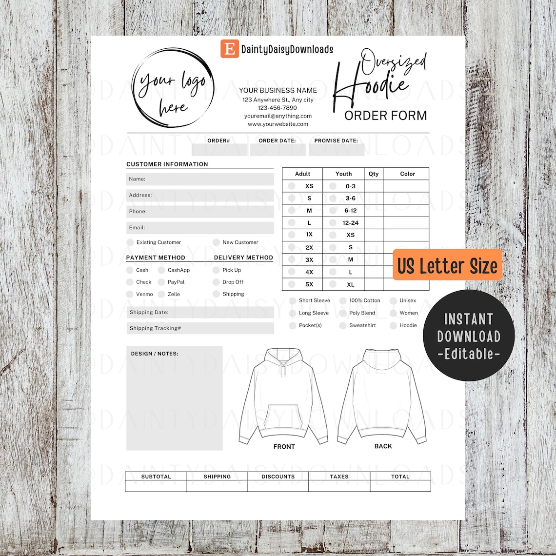 Editable Printable Apparel Order Form Bundle Small Business Shirt ...