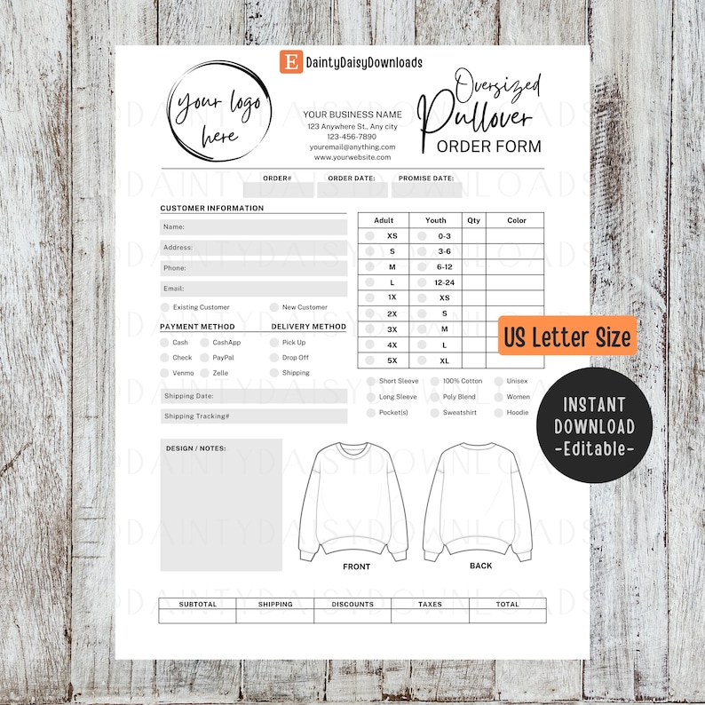 Editable Printable Apparel Order Form Bundle Small Business Shirt ...