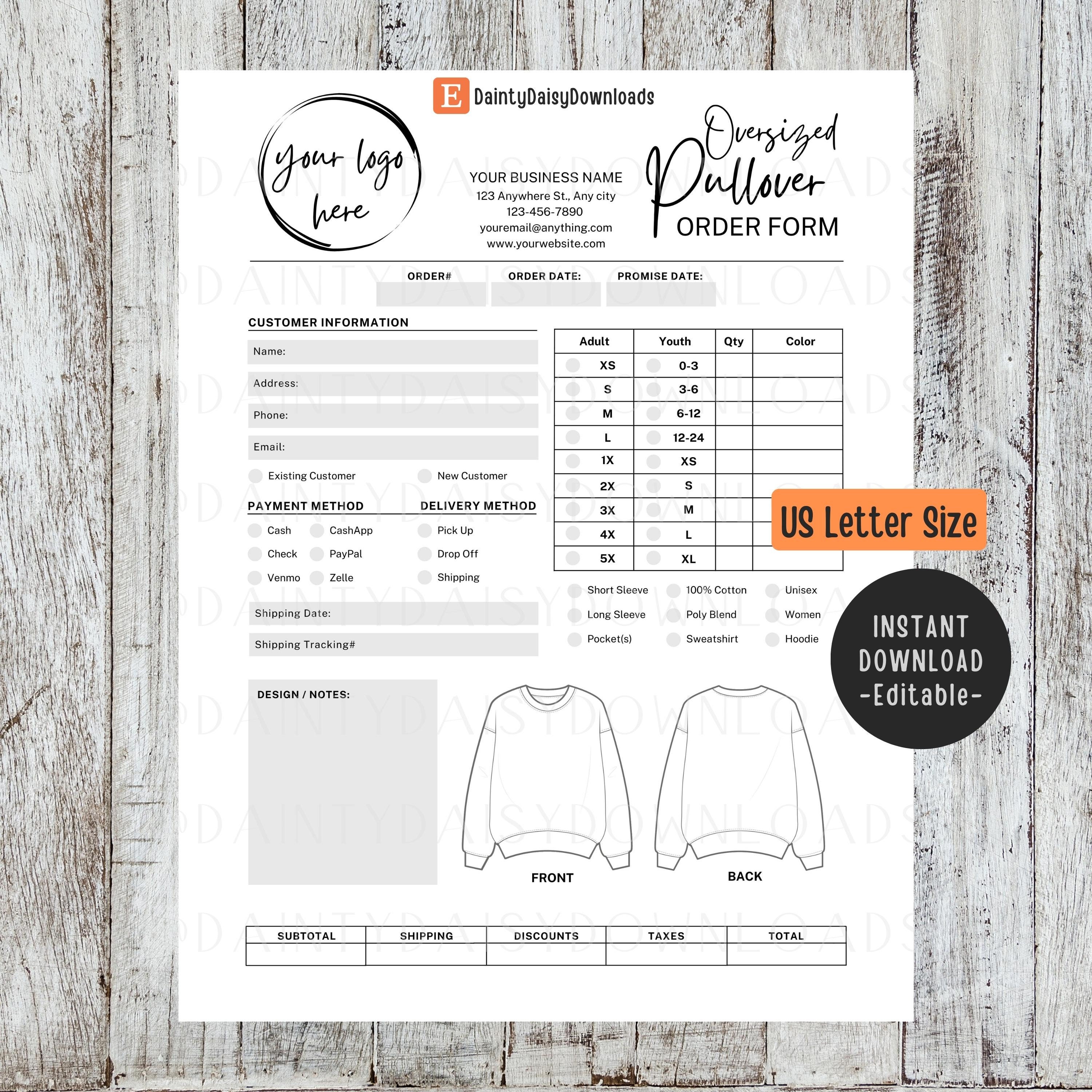 Editable Printable Apparel Order Form Bundle, T-shirt Invoices ...