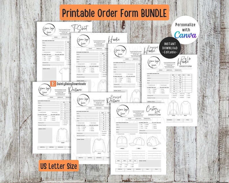 Editable Printable Apparel Order Form Bundle Small Business Shirt ...