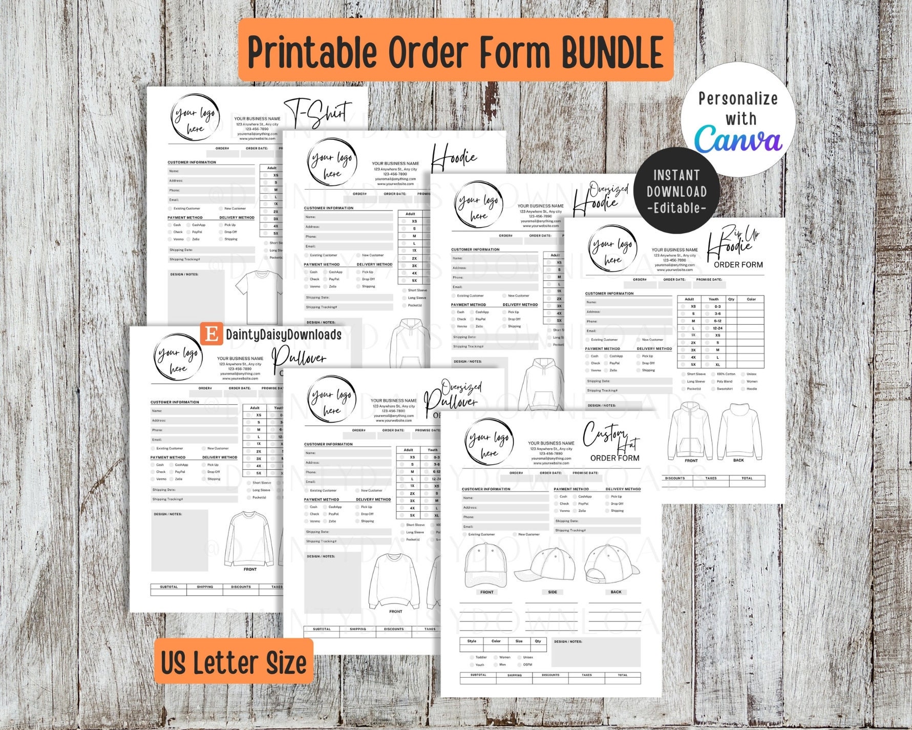 Editable Printable Apparel Order Form Bundle, T-shirt Invoices ...