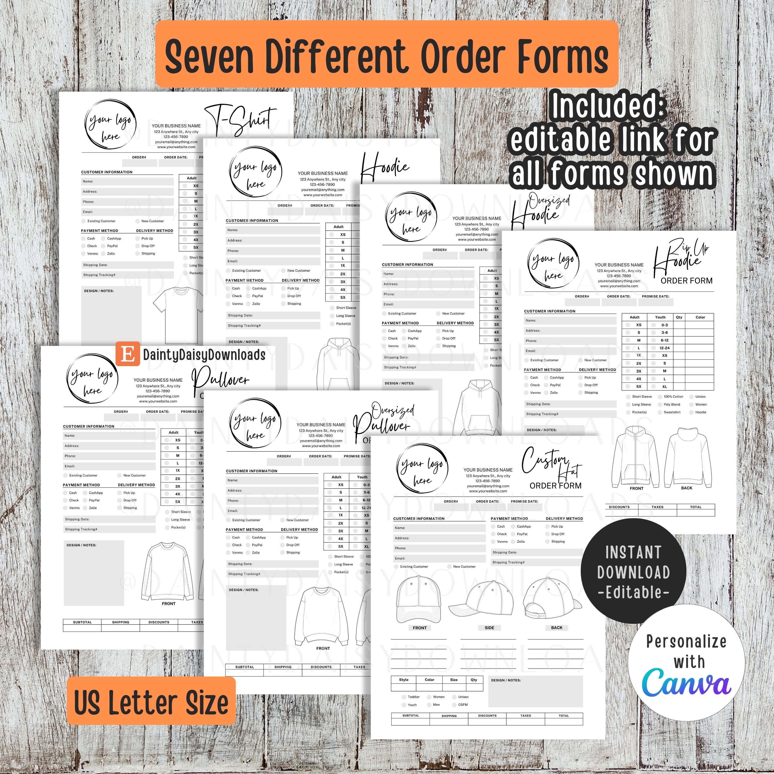 Editable Printable Apparel Order Form Bundle Small Business Shirt ...