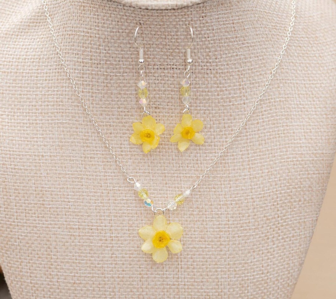 Mini Daffodil Jewelry Set Bridal Wedding Gift Necklace Earrings Real ...