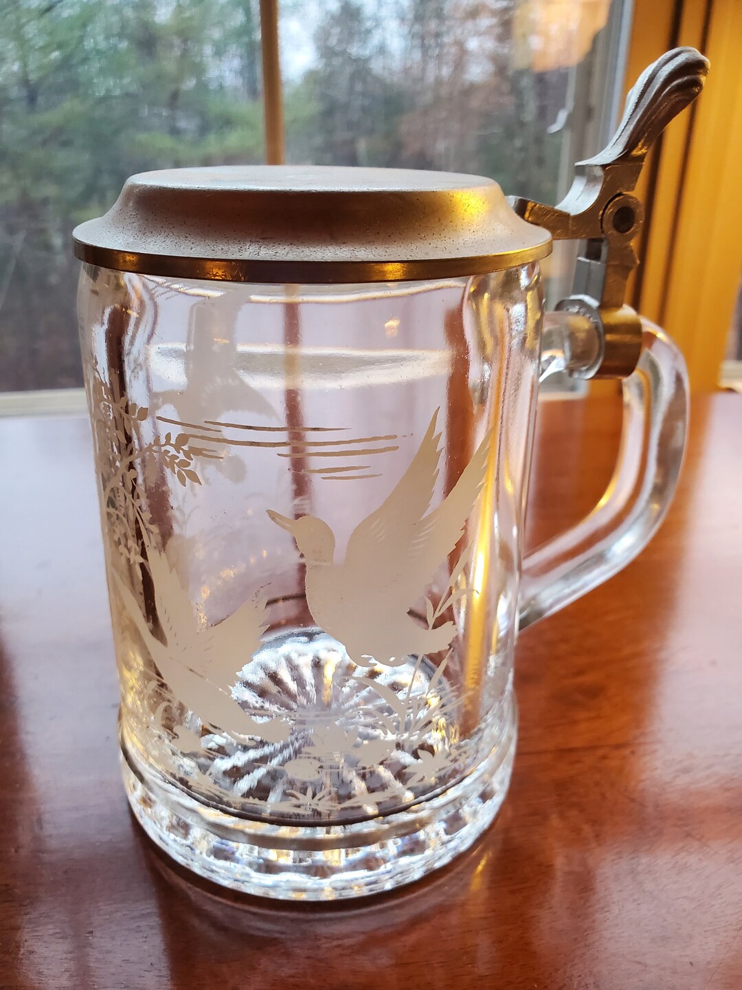 German Etched Glass ducks Tankard With Pewter Lid - Etsy