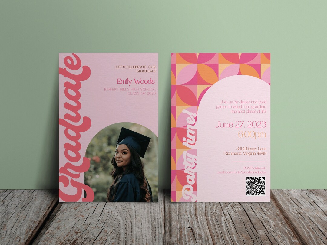 Retro Pink and Orange Graduation Invitation Template - 70s Invitation ...
