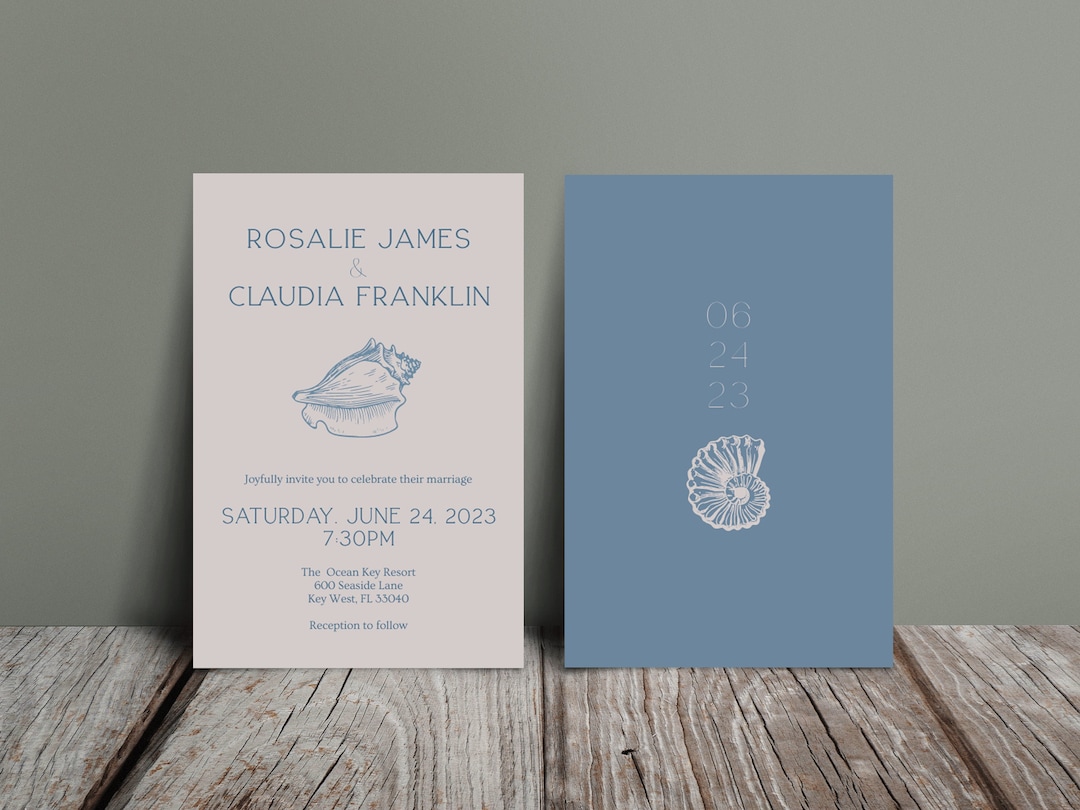 Blue Beach Wedding Invitation Template Set - Seashell Invitation ...