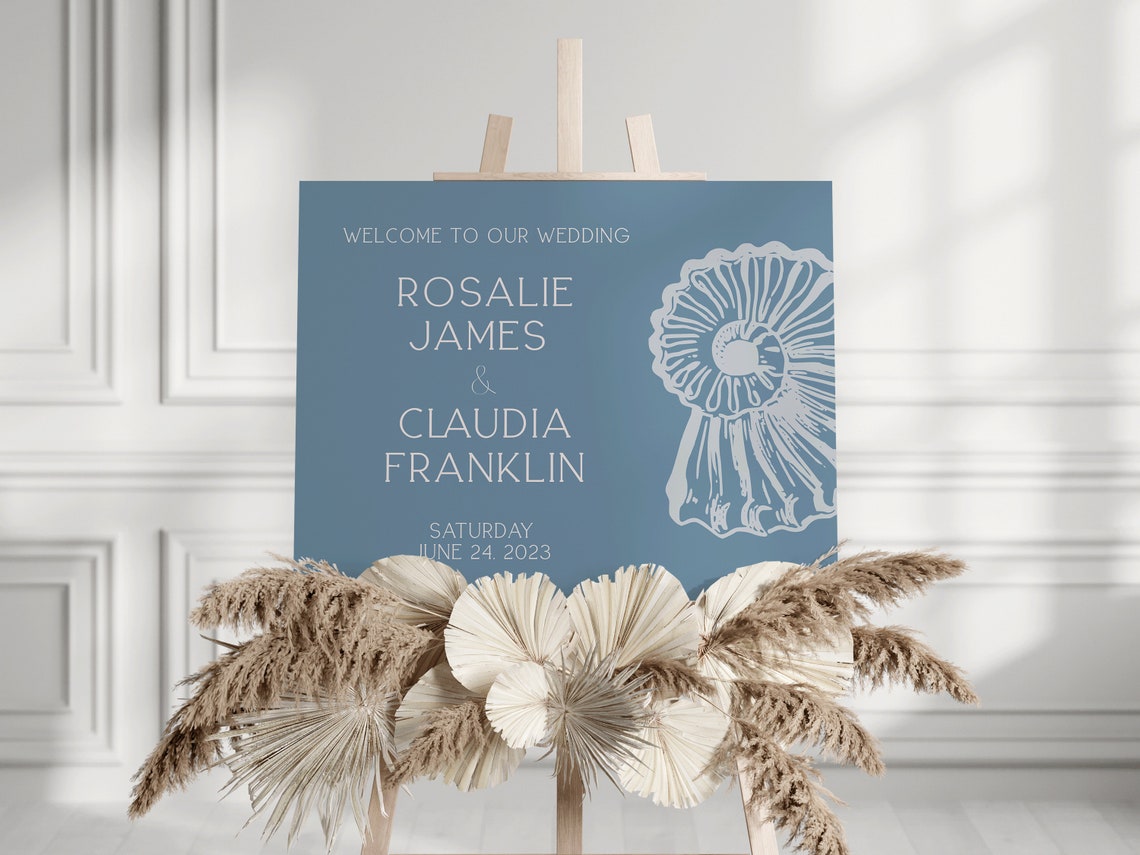 Beach Wedding Welcome Sign Template - Blue Wedding Sign, Seashell ...
