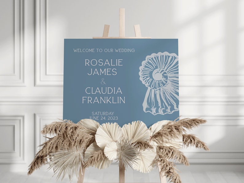 Beach Wedding Welcome Sign Template - Blue Wedding Sign, Seashell ...