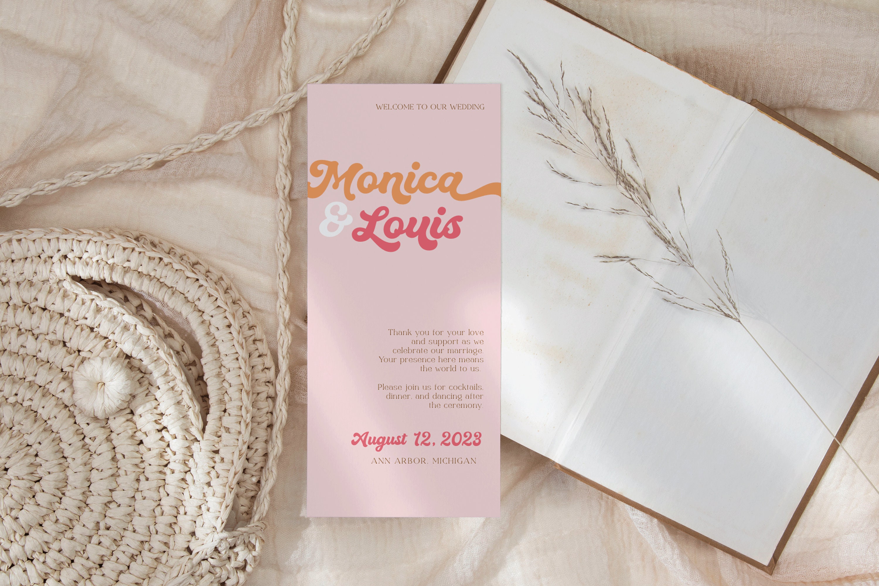 Retro Pink and Orange Wedding Program - 70s Wedding Day of Timeline ...
