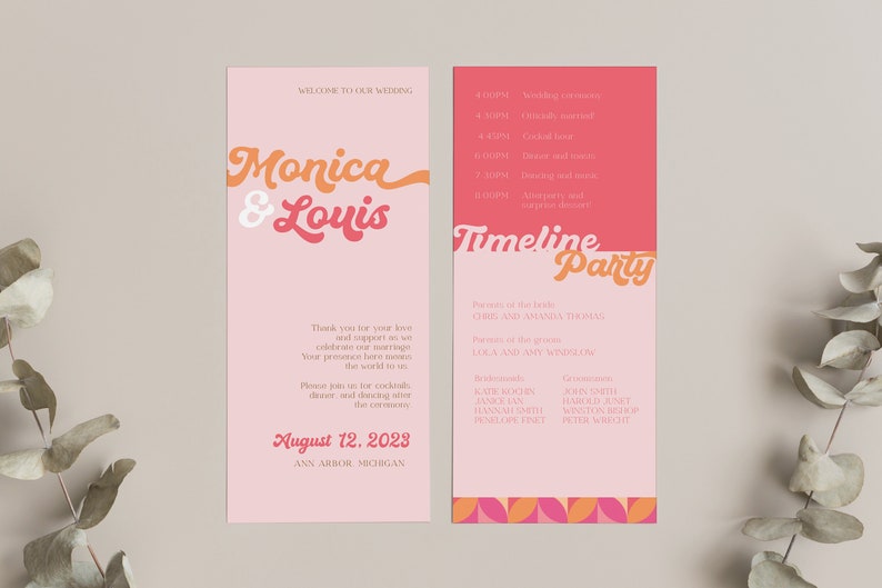 Retro Pink and Orange Wedding Program - 70s Wedding Day of Timeline ...