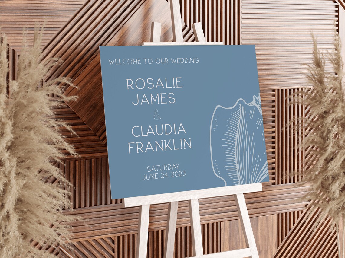 Beach Wedding Welcome Sign Template - Blue Wedding Sign, Seashell ...
