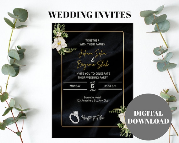Black Luxury Classy Wedding Invitation Portraiteditable - Etsy