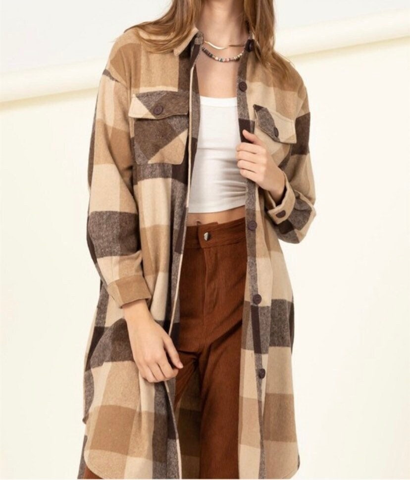 LONG SHACKET Women Brown Plaid Shacket Long Coat Flannel Coat - Etsy
