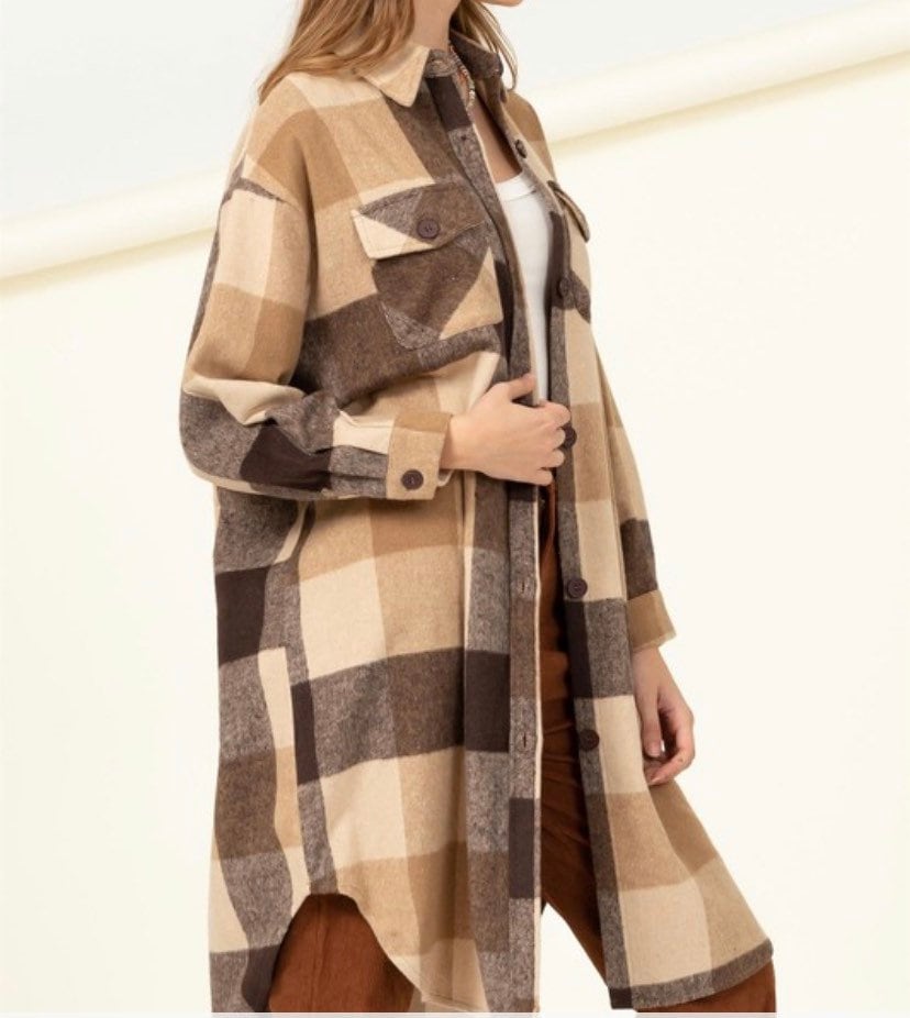 LONG SHACKET Women Brown Plaid Shacket Long Coat Flannel Coat - Etsy