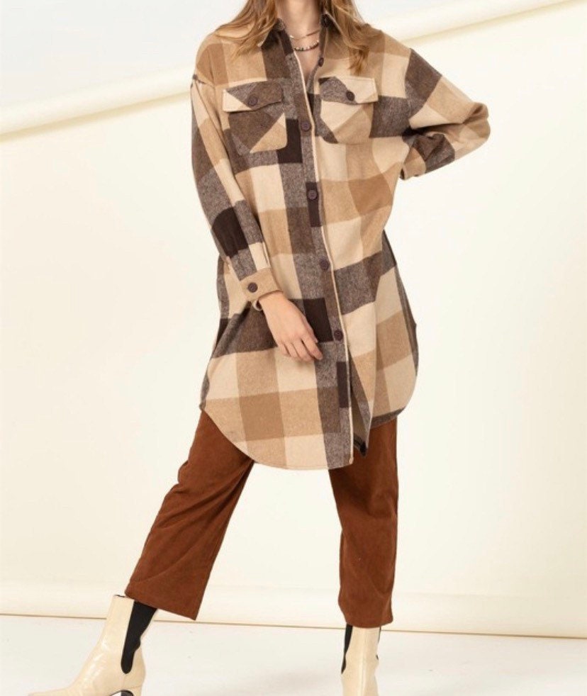 LONG SHACKET Women Brown Plaid Shacket Long Coat Flannel Coat - Etsy