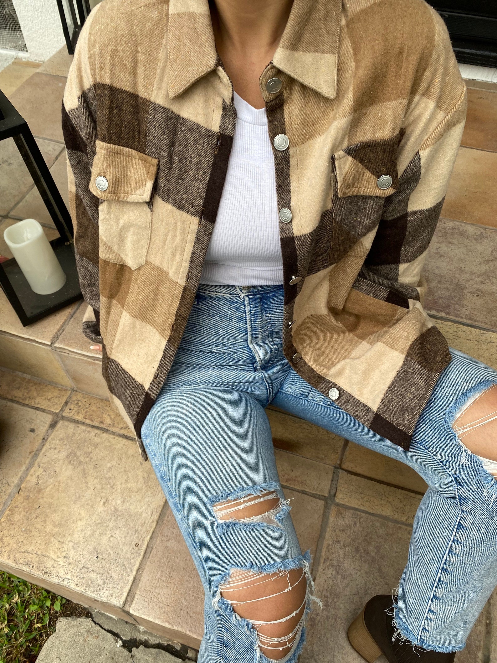 PLAID SHACKET | Checkered-print Brown Oversize Shaket| Flannel Jacket ...