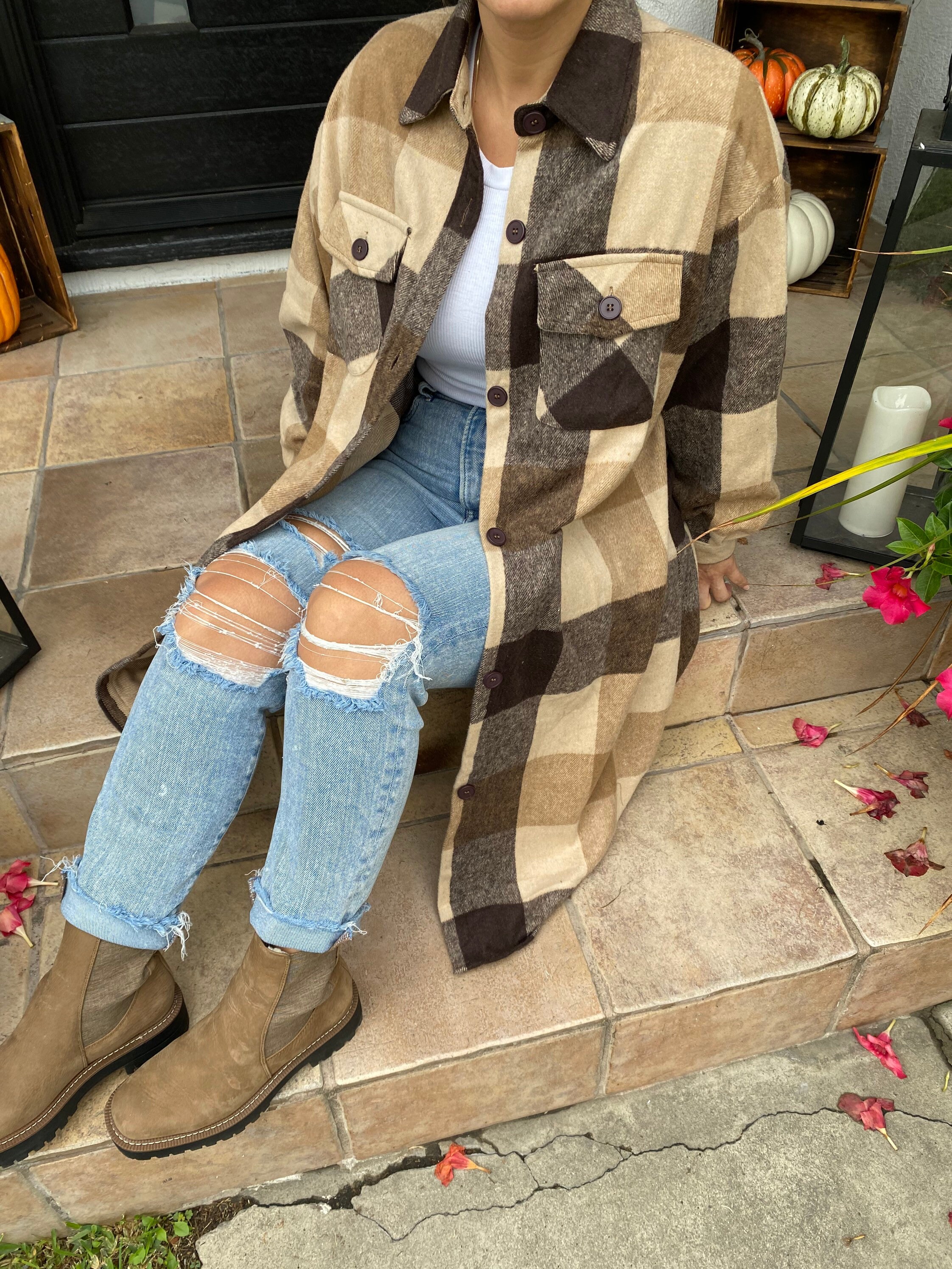 LONG SHACKET Women Brown Plaid Shacket Long Coat Flannel Coat - Etsy