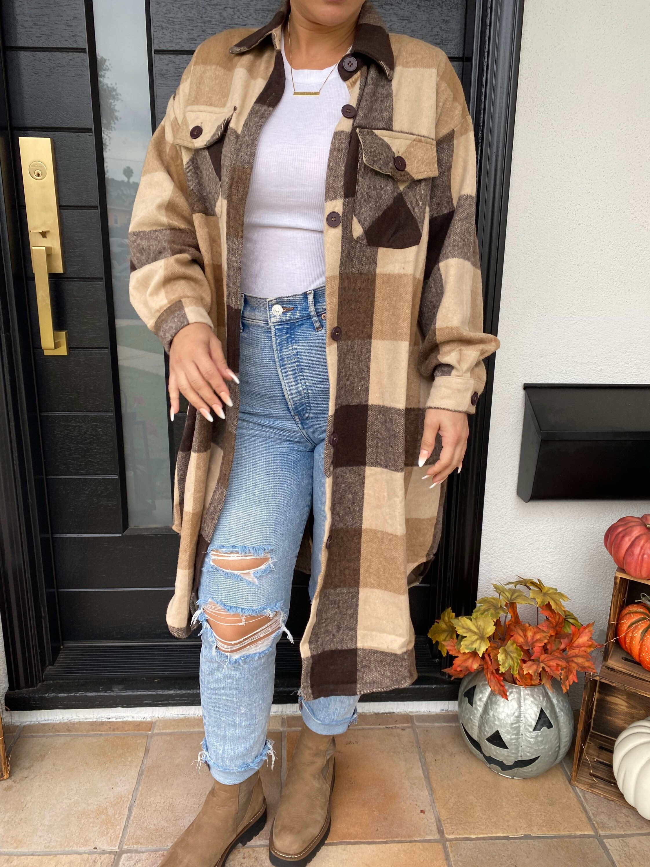 LONG SHACKET Women Brown Plaid Shacket Long Coat Flannel Coat - Etsy