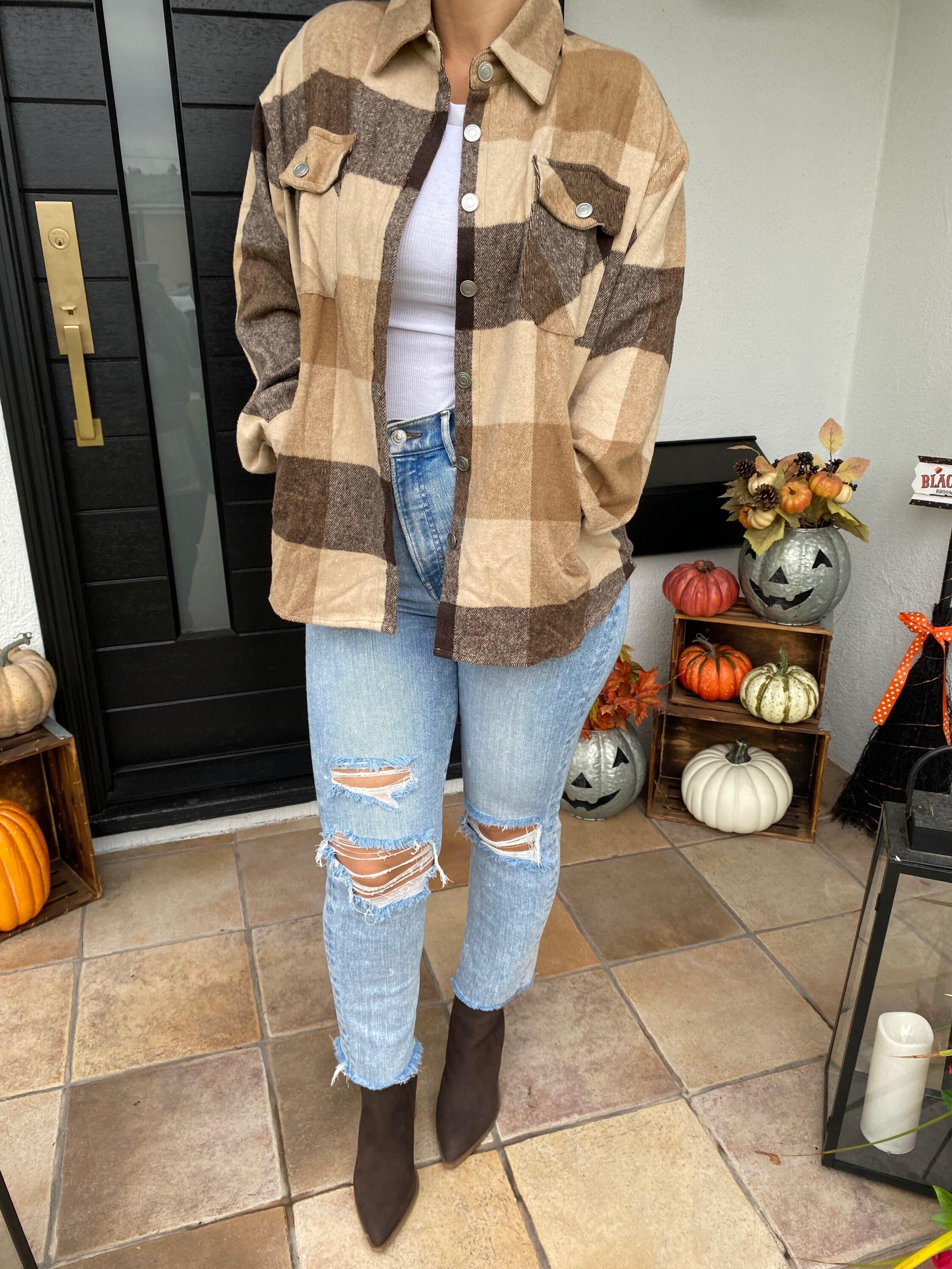 PLAID SHACKET | Checkered-print Brown Oversize Shaket| Flannel Jacket ...