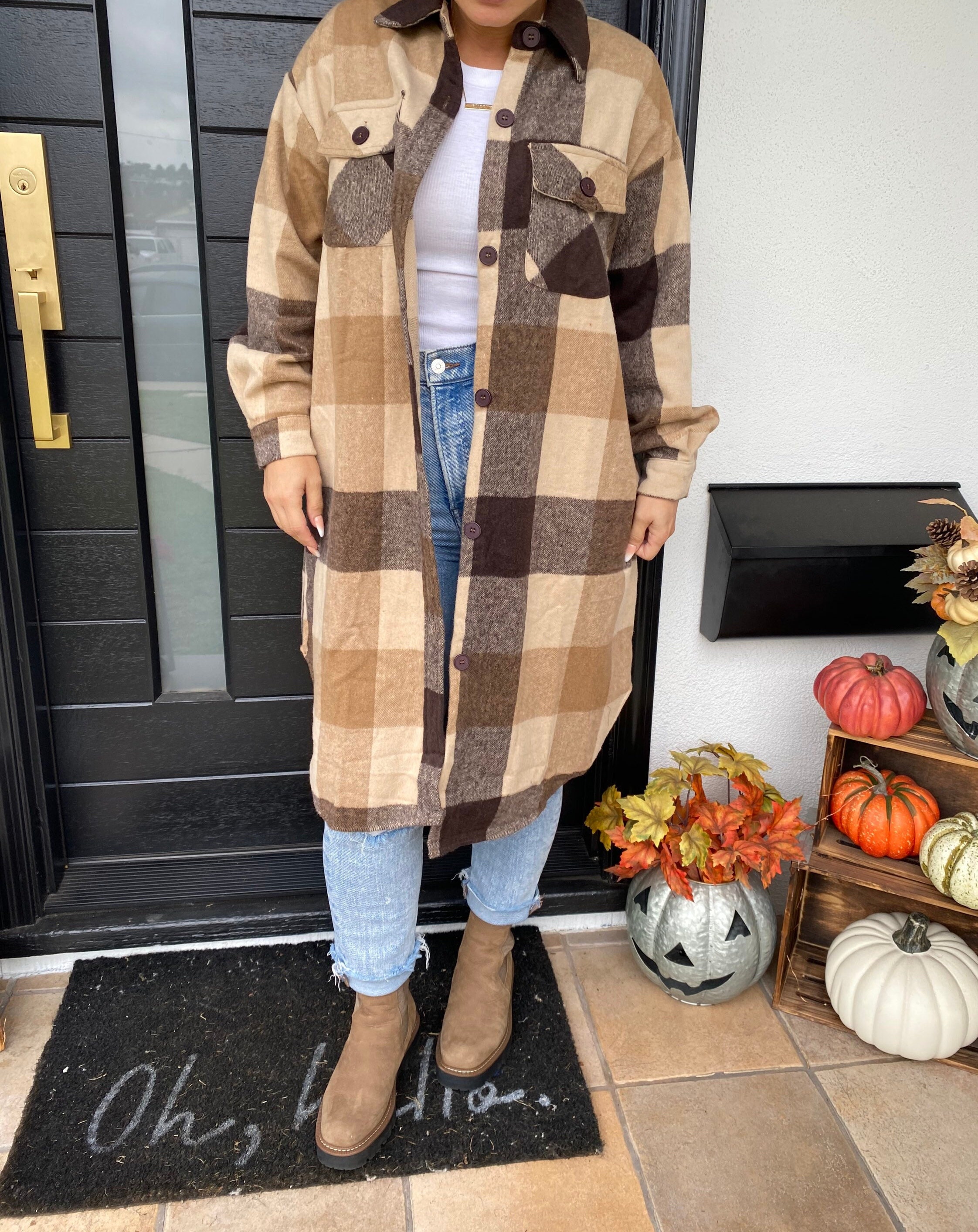 LONG SHACKET Women Brown Plaid Shacket Long Coat Flannel Coat - Etsy