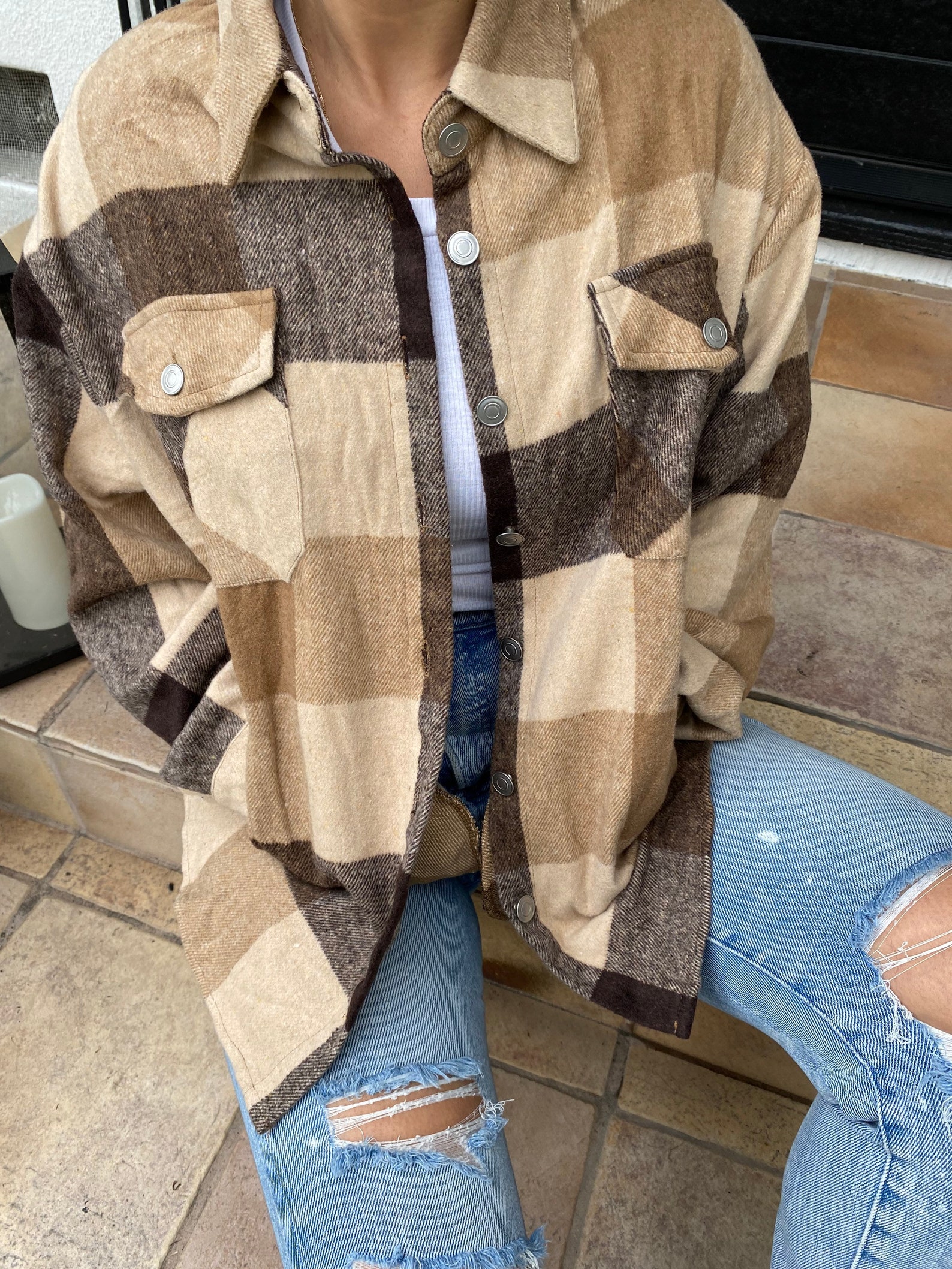 PLAID SHACKET | Checkered-print Brown Oversize Shaket| Flannel Jacket ...