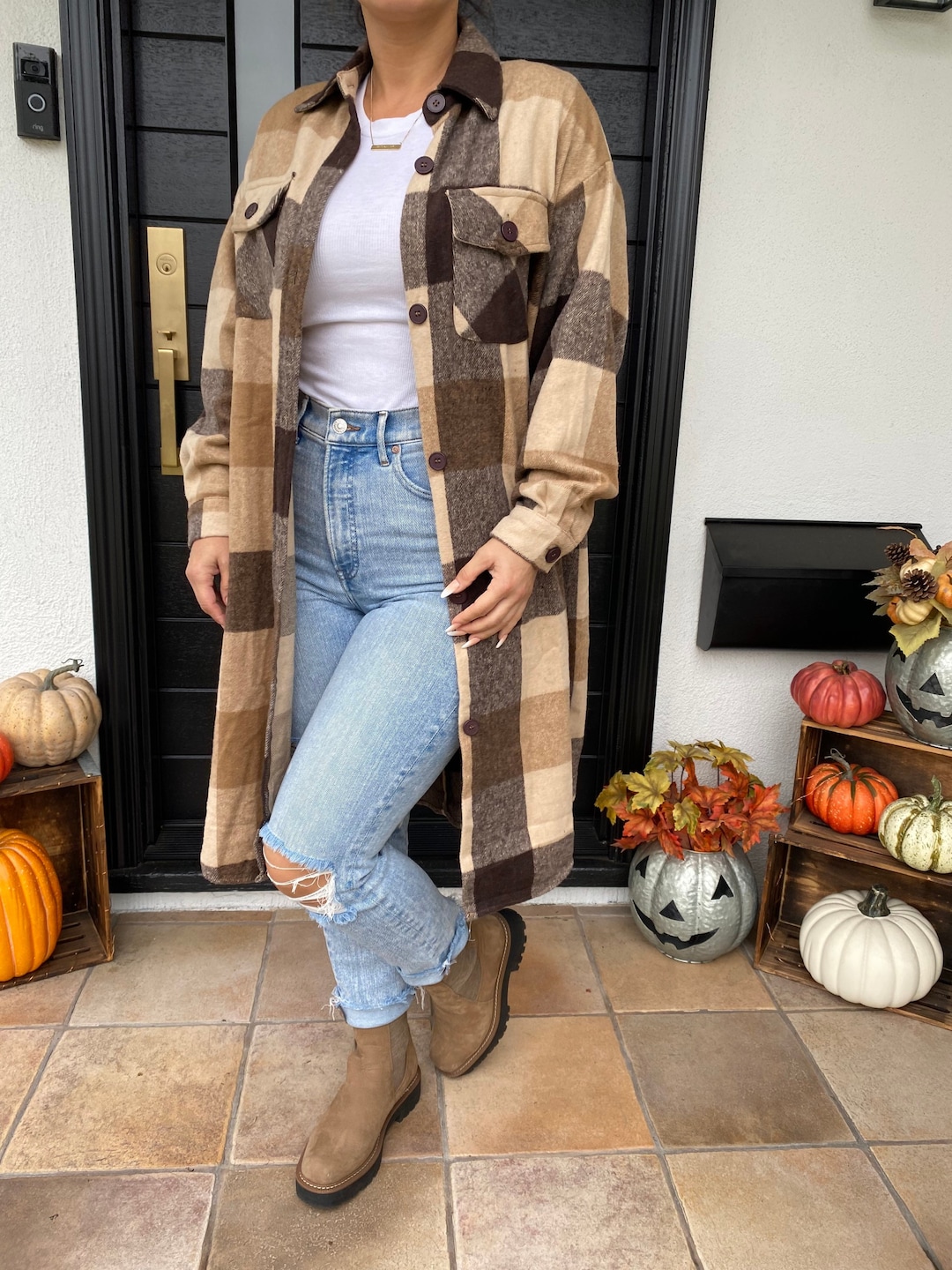 LONG SHACKET | Women Brown Plaid Shacket| Long Coat| Flannel Coat - Etsy