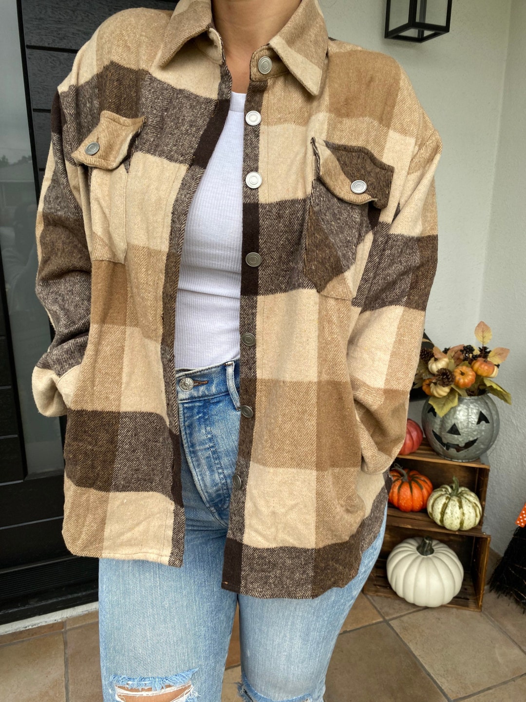 PLAID SHACKET | Checkered-print Brown Oversize Shaket| Flannel Jacket ...