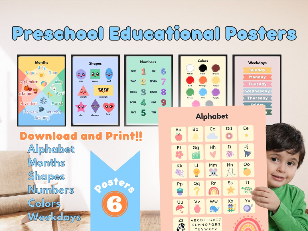 Digital Downloadable Preschool Educational Posters: Alphabet, Numbers ...