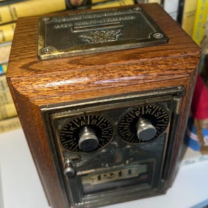 Oak Post Office Coin Bank Featuring Double Dial Eagle Facade Olde Tyme ...