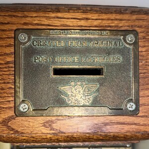 Oak Post Office Coin Bank Featuring Double Dial Eagle Facade Olde Tyme ...