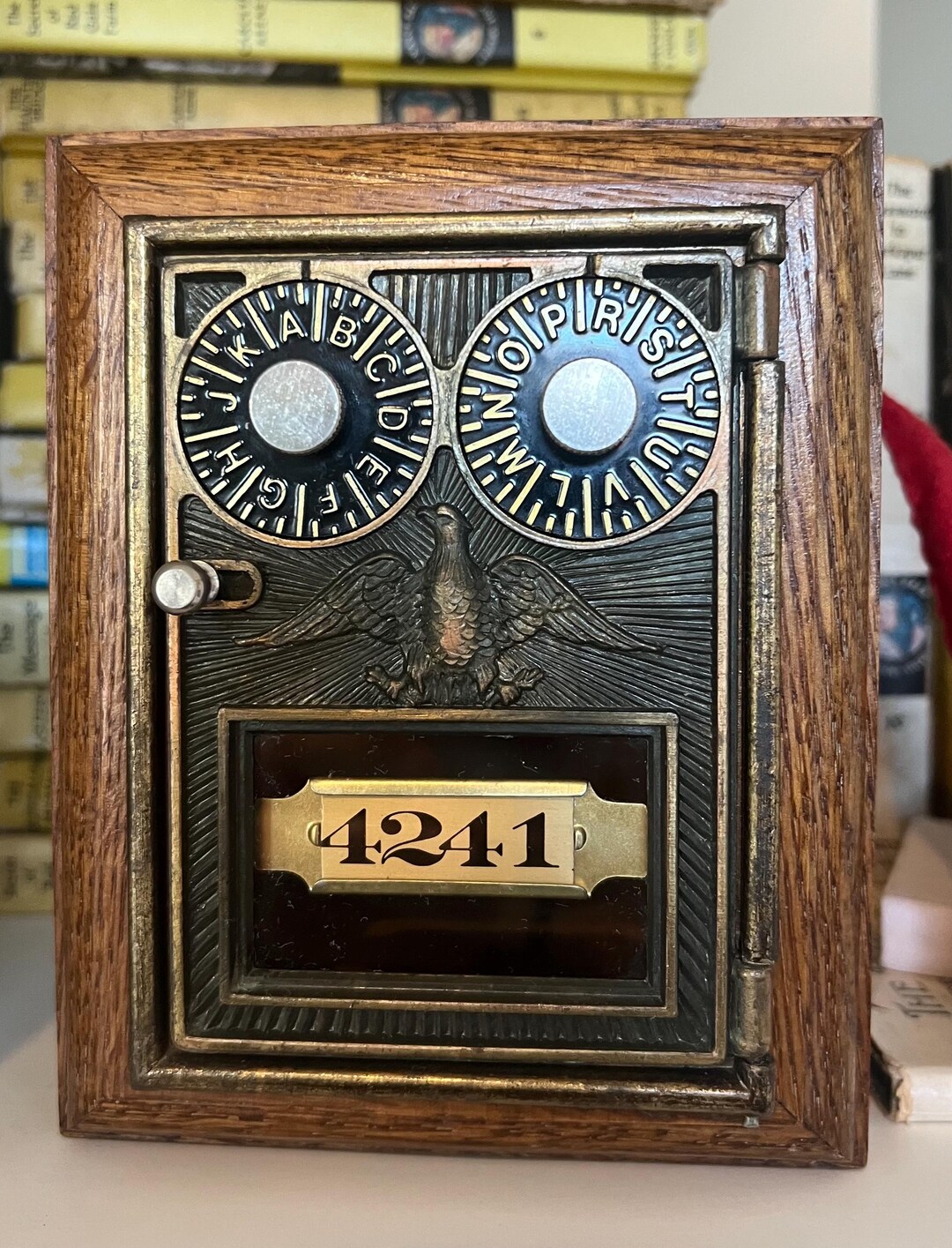 Oak Post Office Coin Bank Featuring Double Dial Eagle Facade Olde Tyme ...