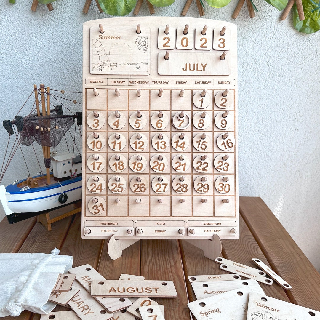Wooden Perpetual Calendar, Natural Home Calendar, Classroom Calendar ...