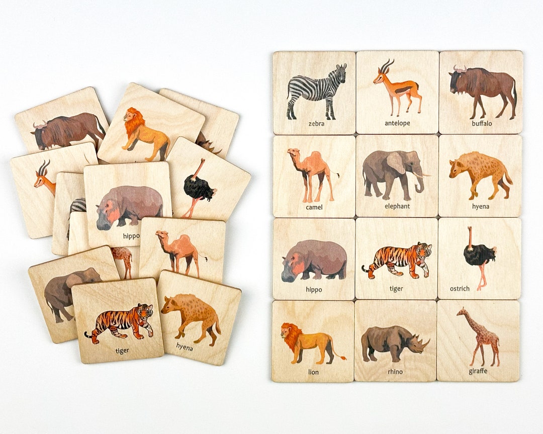 Wooden Safari Animals Memory Game Montessori Wooden Wild Animals Memory ...
