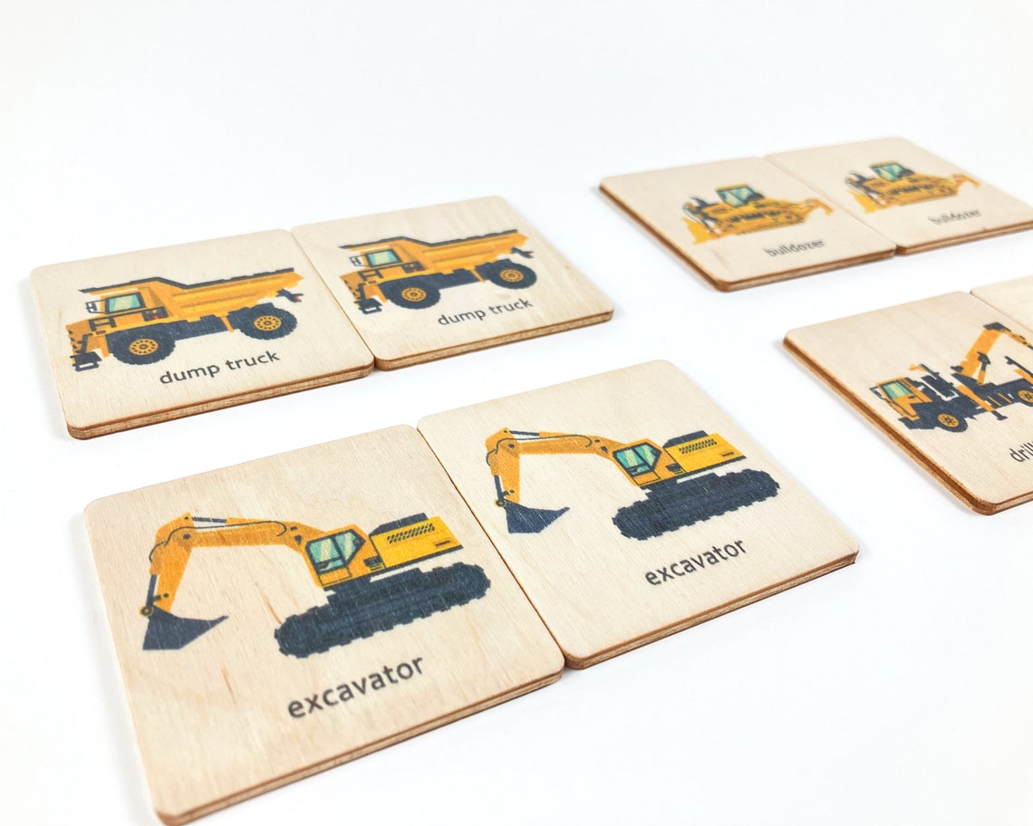 Montessori Wooden Construction Truck Car Memory Game Vehicle - Etsy