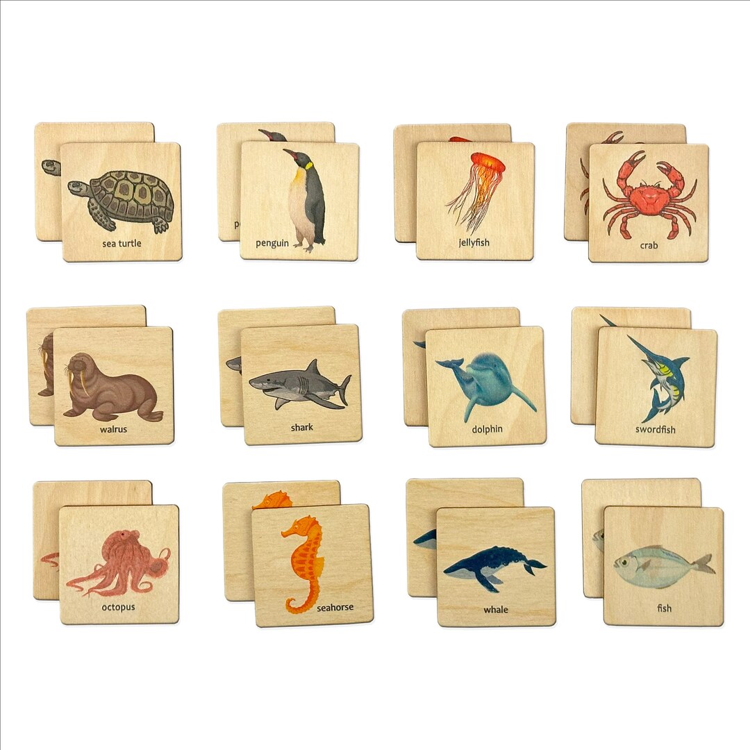Wooden Montessori Ocean Animals Memory Game | Sea Life Animals Matching ...