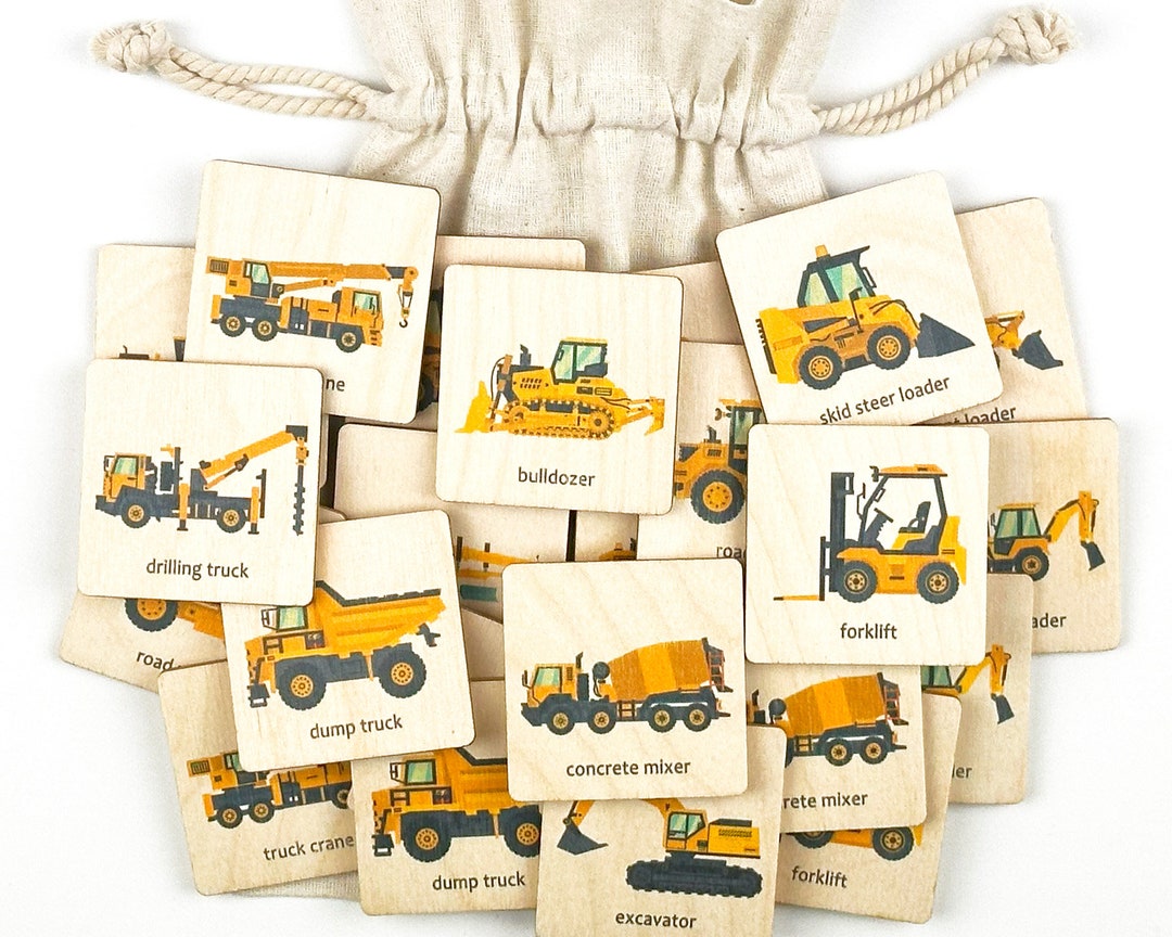 Montessori Wooden Construction Truck Car Memory Game, Construction ...