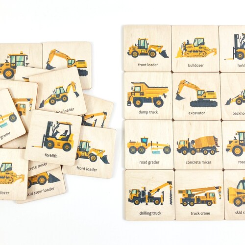 Montessori Wooden Construction Truck Car Memory Game Vehicle - Etsy