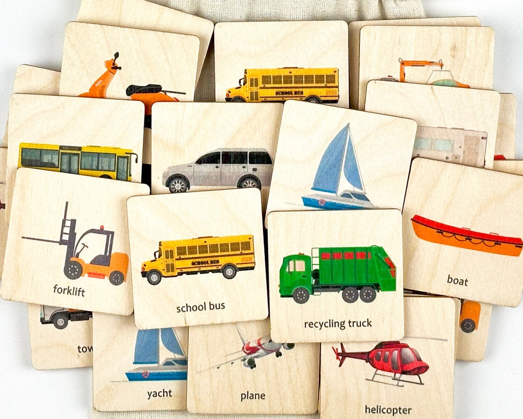 Montessori Wooden Transport Vehicles 1 Memory Game Matching Flash Cards ...