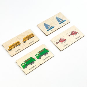 Montessori Wooden Transport Vehicles 1 Memory Game Matching Flash Cards ...