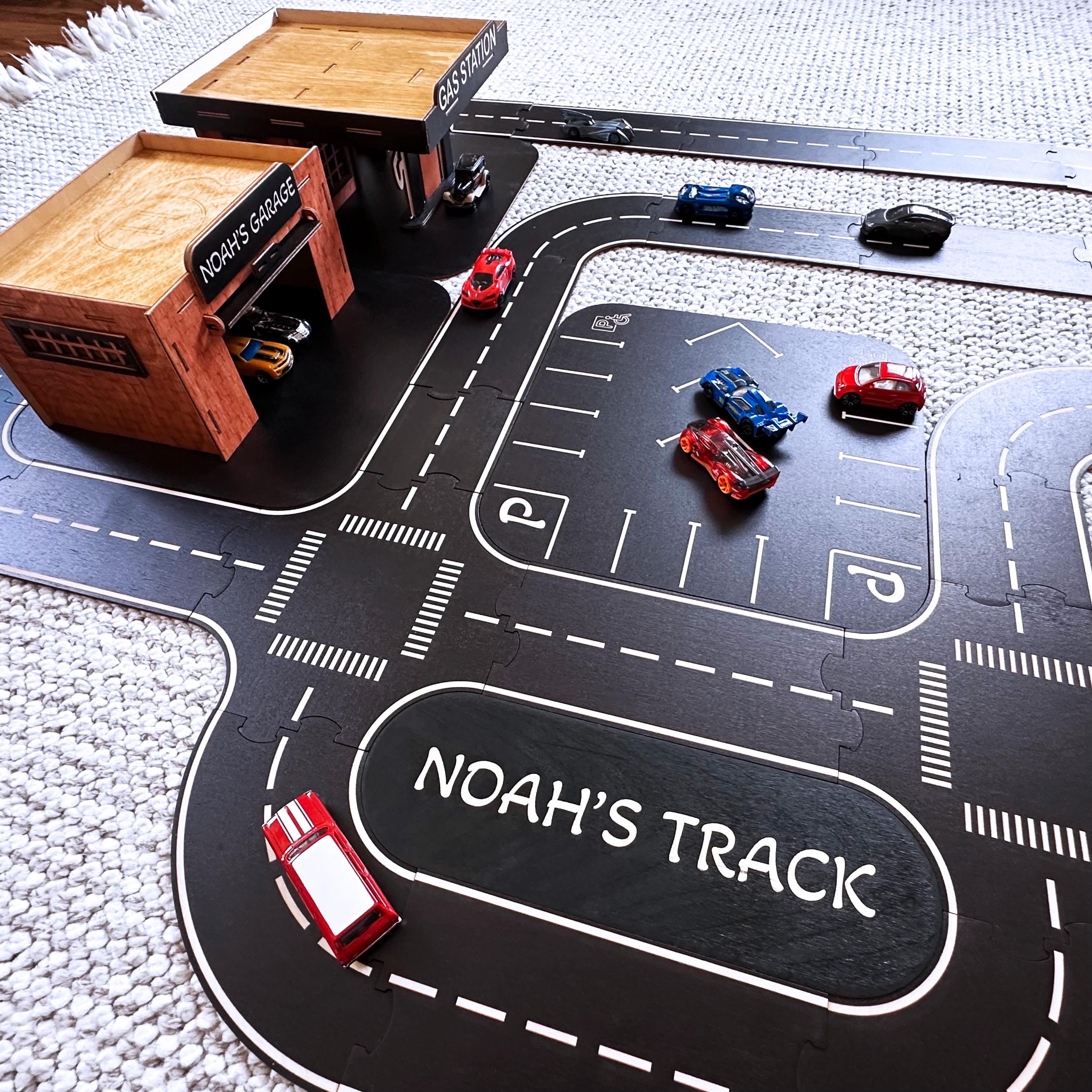 Wooden Car Track Playset With Garages, Gas Station, and Bridge – 1/64 ...