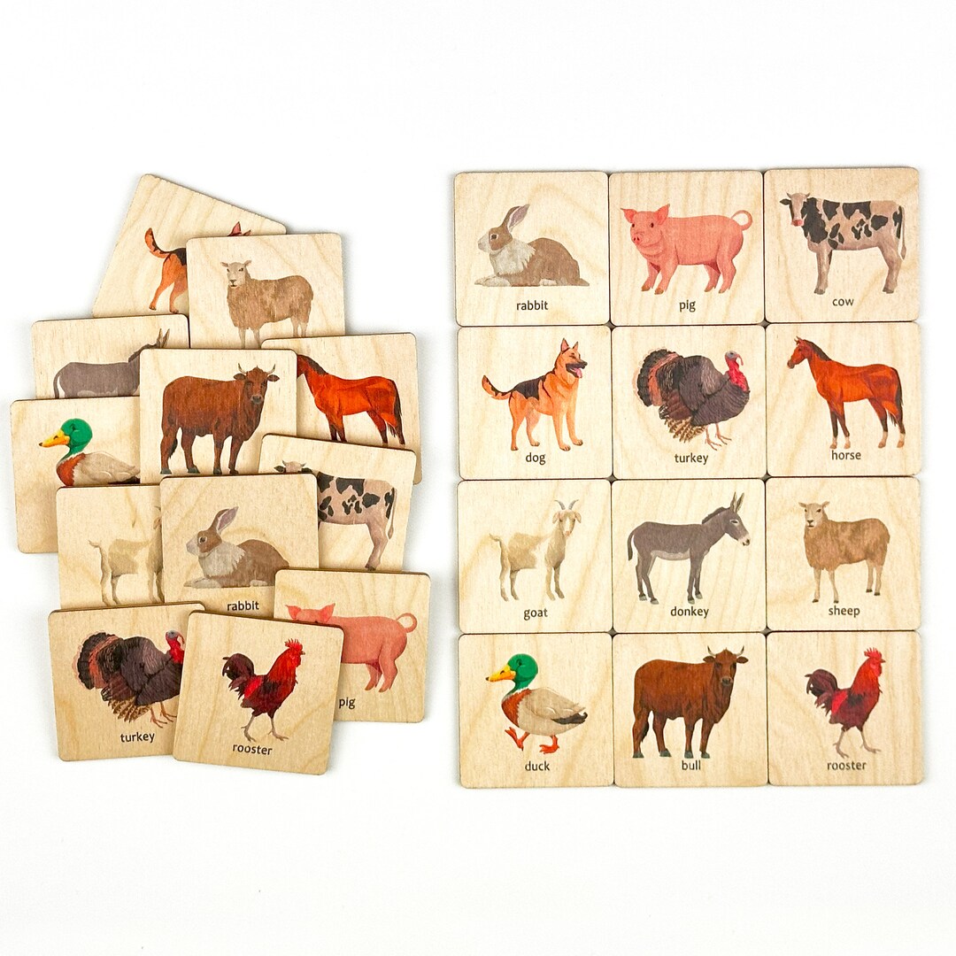 Wooden Farm Animals Memory Game, 1 2 3 4 Year Old Montessori Materials ...