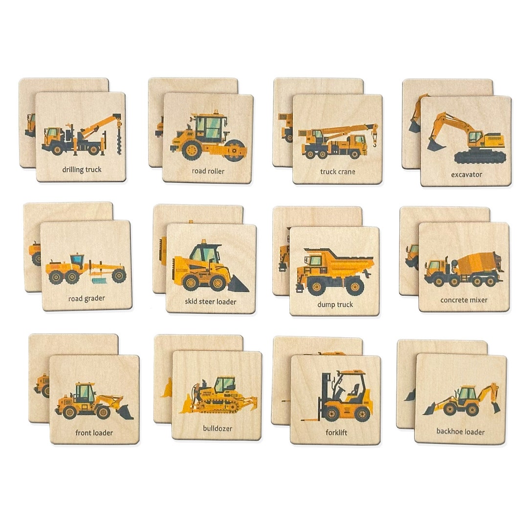 Montessori Wooden Construction Truck Car Memory Game, Construction ...