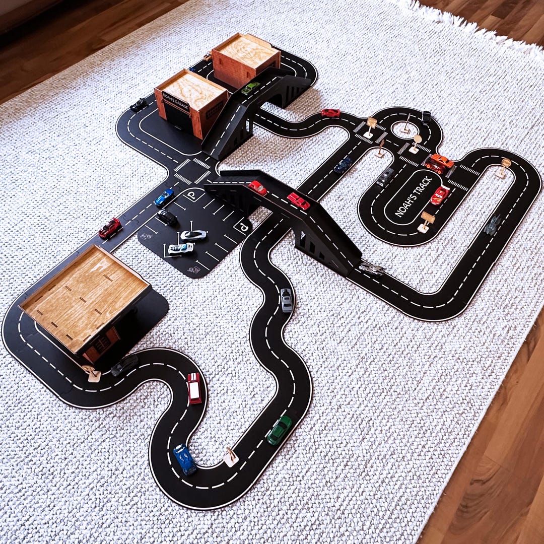 Wooden Car Track Playset With Garages, Gas Station, and Bridge – 1/64 ...