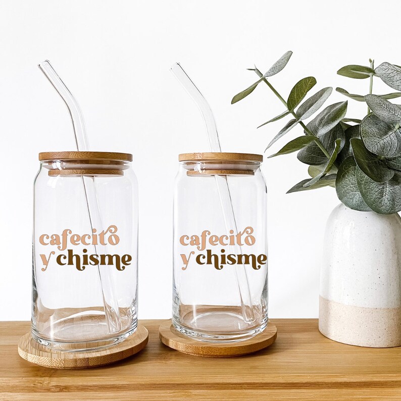 Cafecito Y Chisme Iced Coffee Glass Cup Bamboo Lid and Straw, Latina ...
