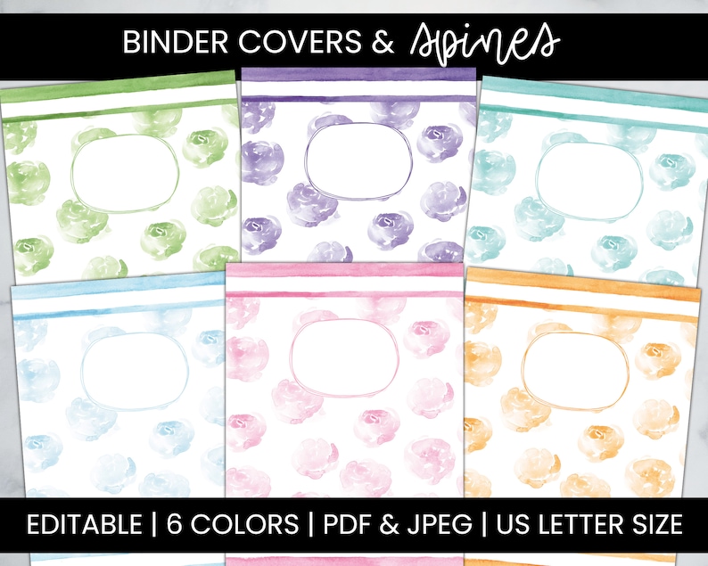 Binder Covers & Spines Editable Watercolor Roses 6 Colors - Etsy